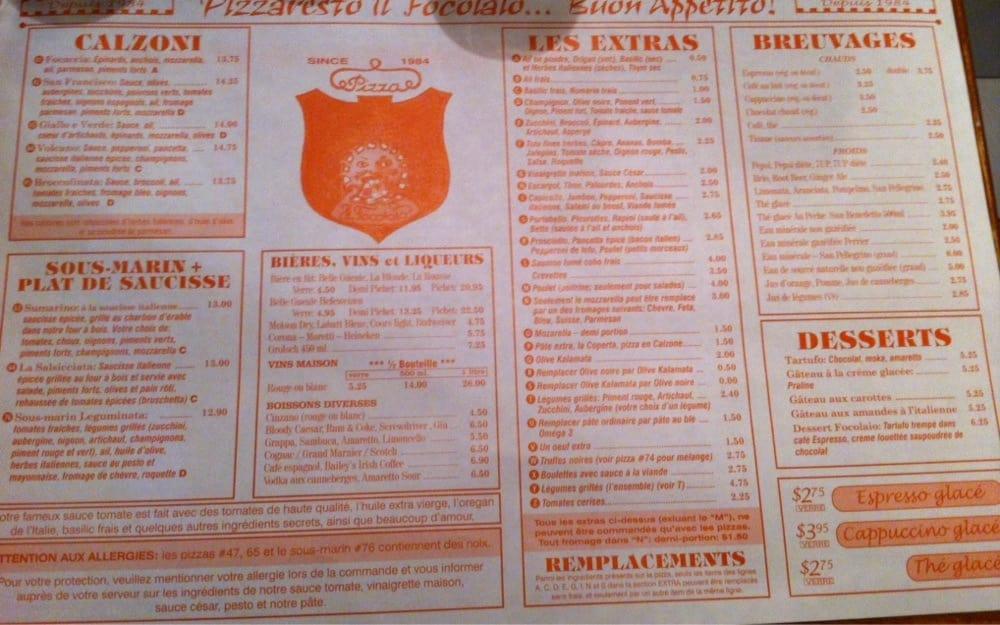 Menu at Pizza Il Focolaio pizzeria, Montréal
