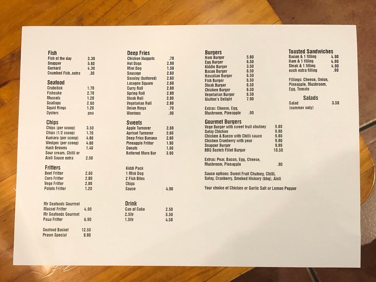 Menu at Snappers Fish and Chips restaurant, New Plymouth