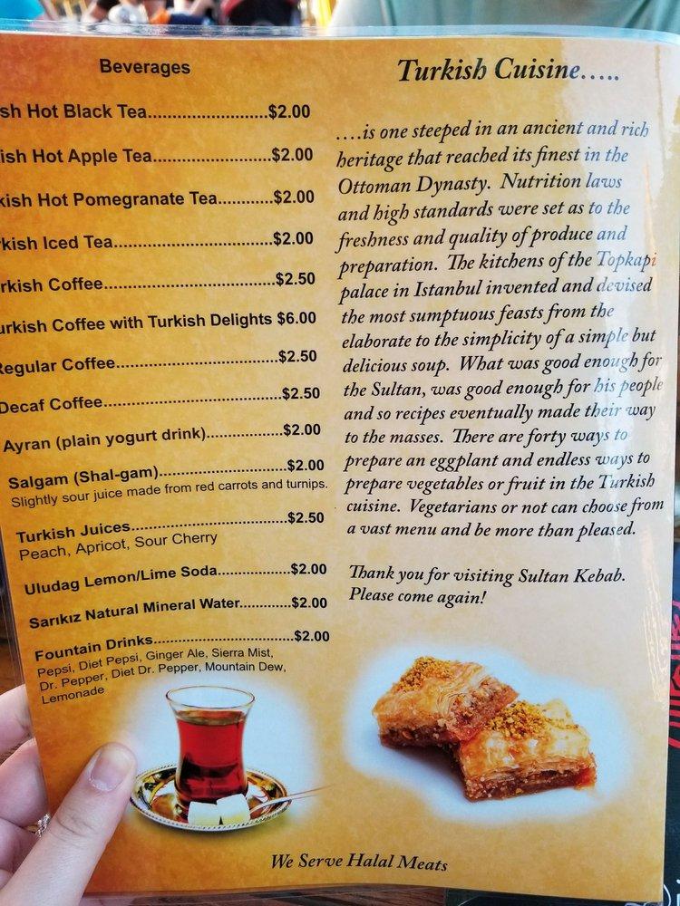 Menu at Sultan Kebab restaurant, Charlottesville, 333 2nd St SE