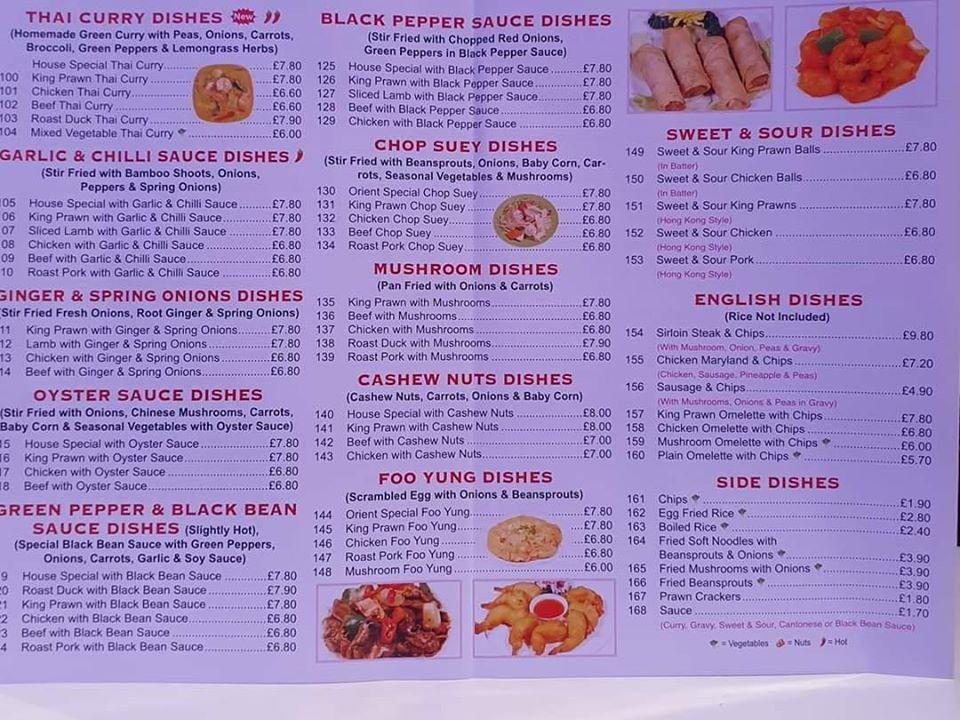 Menu at The Orient restaurant, Rowlands Gill