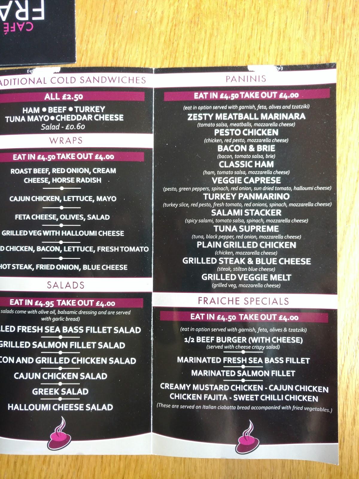 Menu at Cafe Fraiche, Leeds, 33 Rodley Ln