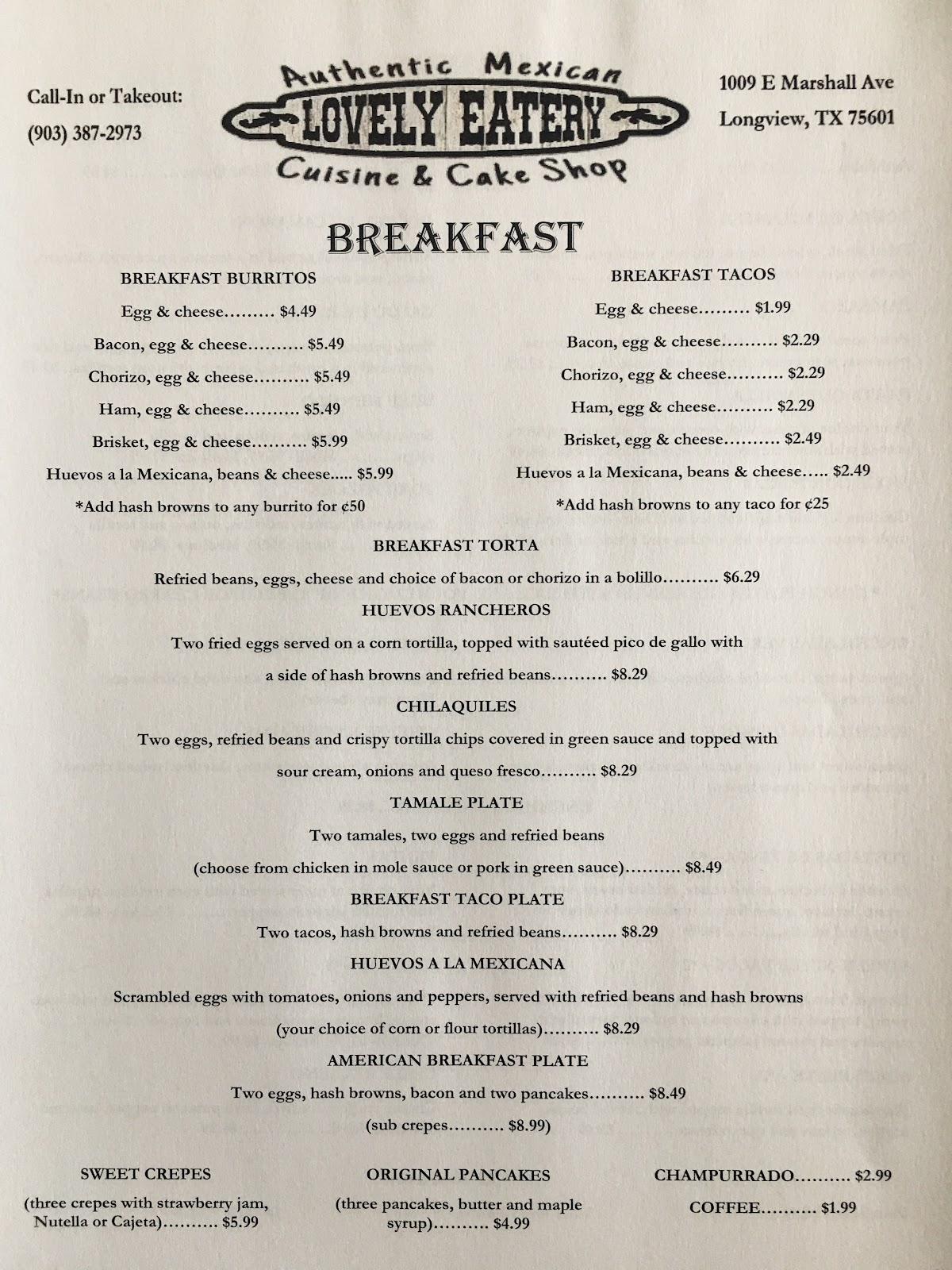 Menu at Lovely Eatery desserts, Longview