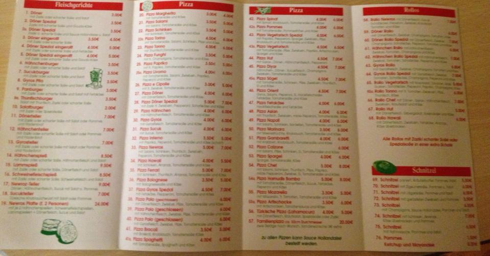 Speisekarte von Pizzeria Nevros, Sögel