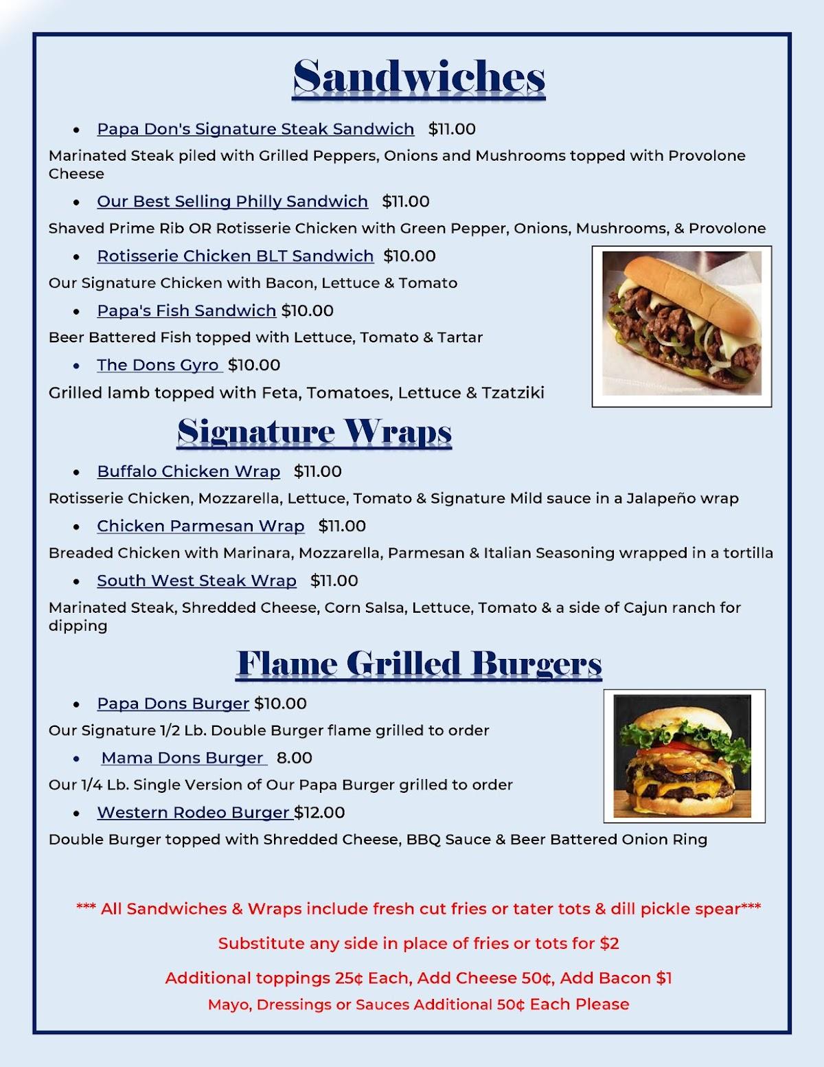 Menu at Papa Don's Pub, Akron