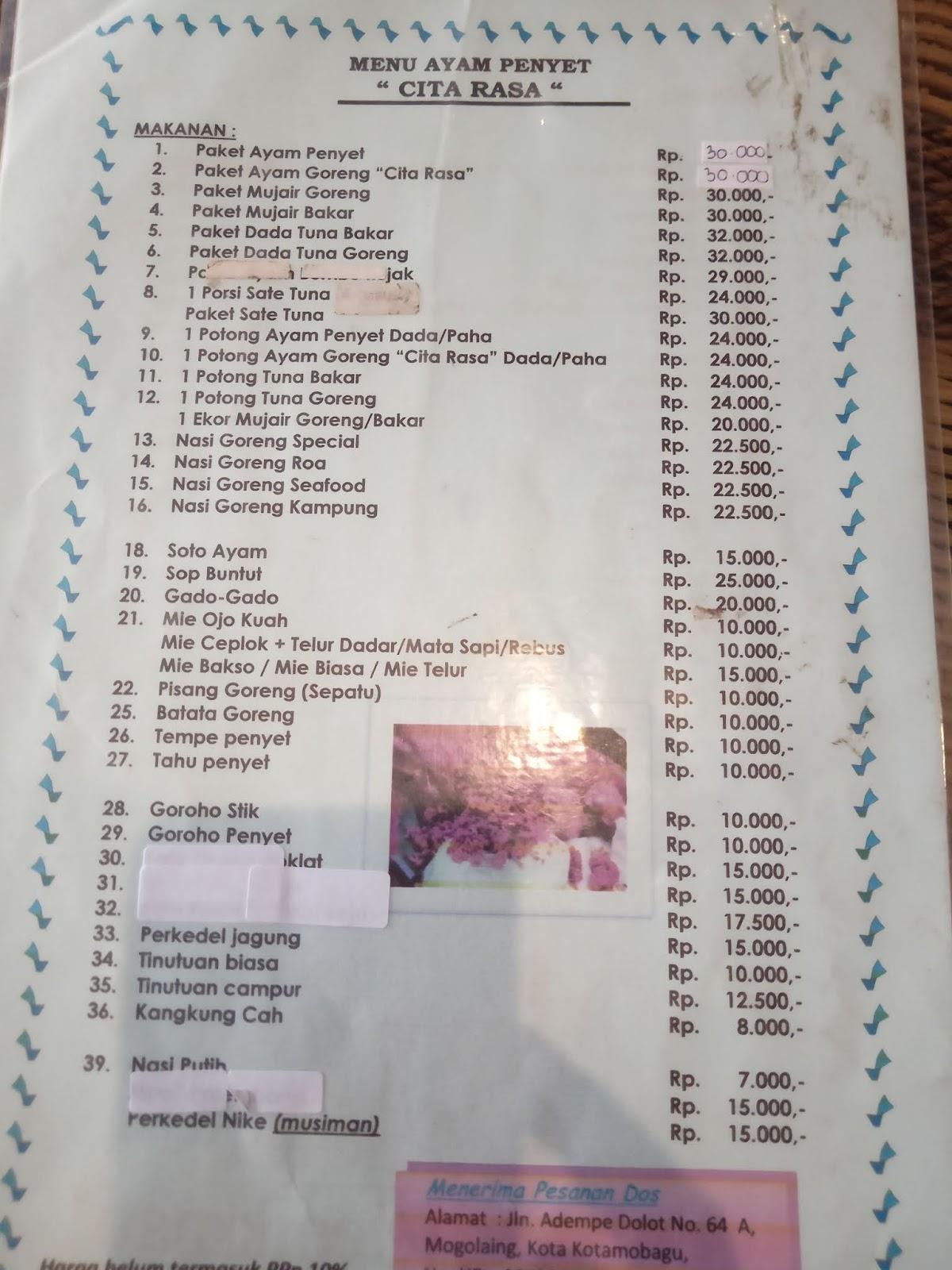 Menu at Resto Ayam Penyet restaurant, Kotamobagu