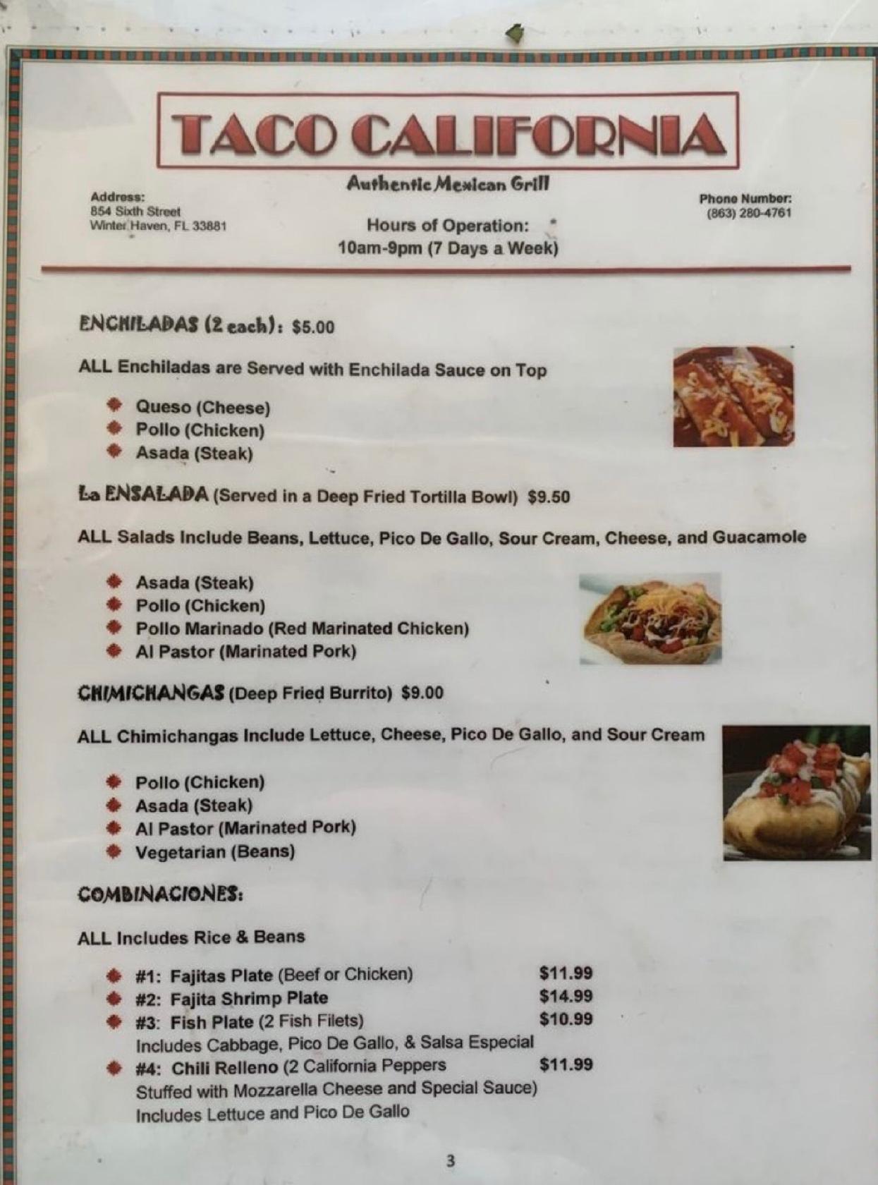 Menu at Taco California restaurant, Winter Haven, 854 6th St NW
