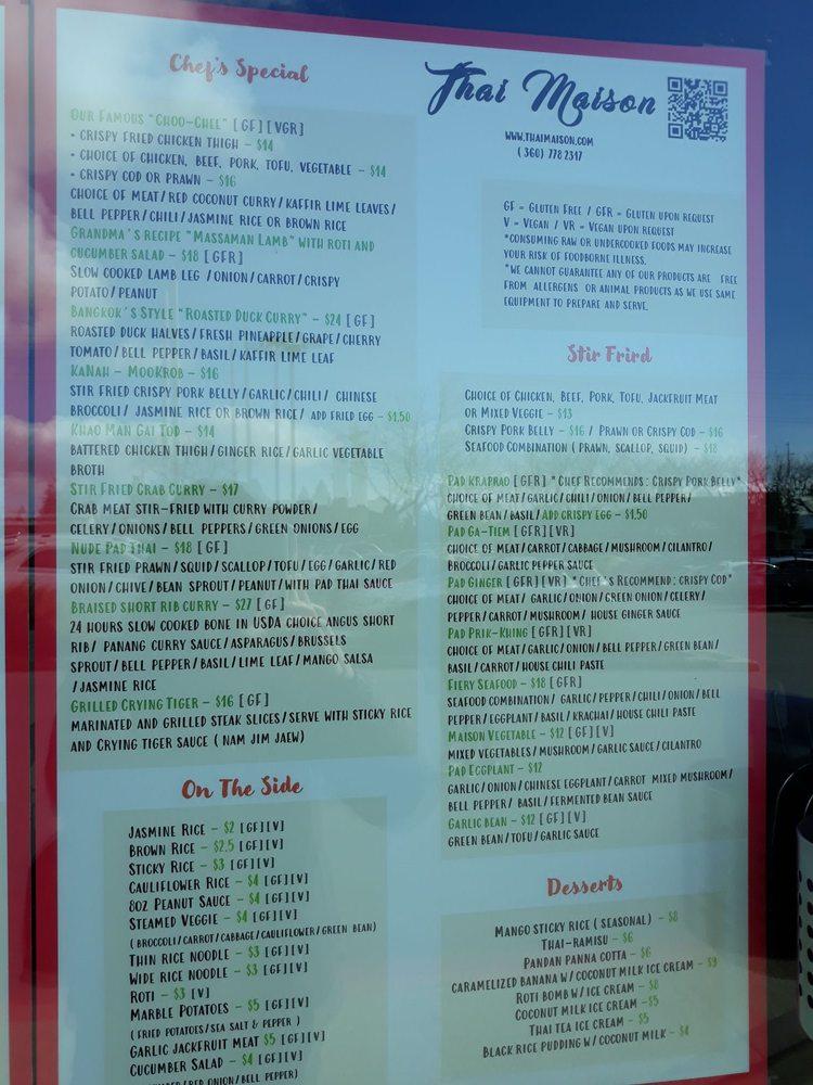 Menu at Thai Maison restaurant, Bellingham