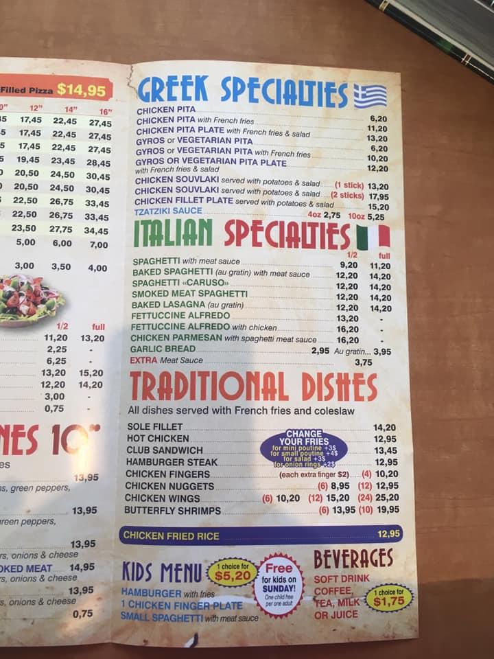 Menu at Bayview Pizzeria, Kahnawake