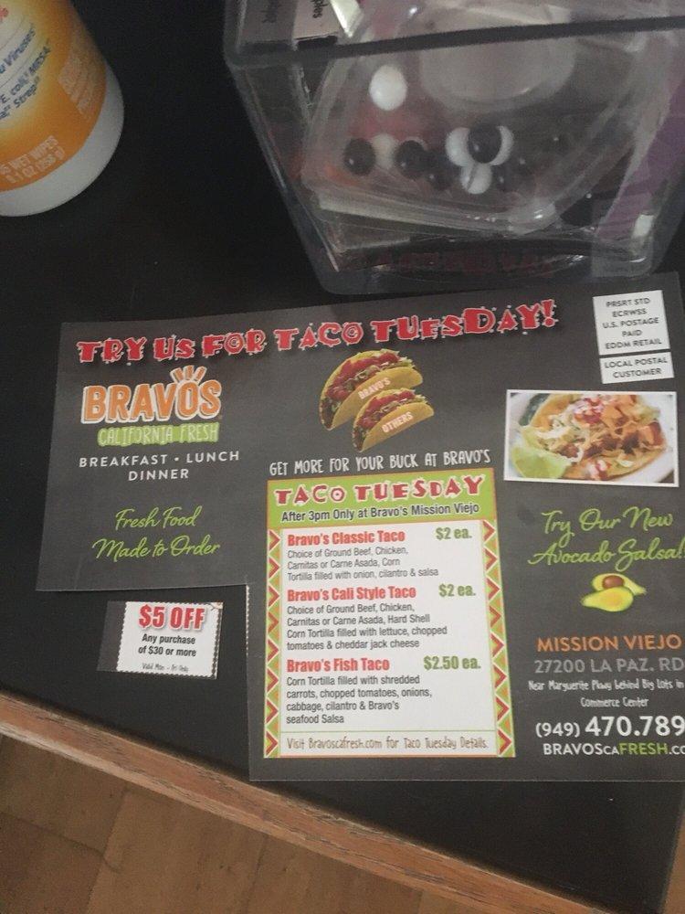 Menu at Bravos California Fresh restaurant, Mission Viejo