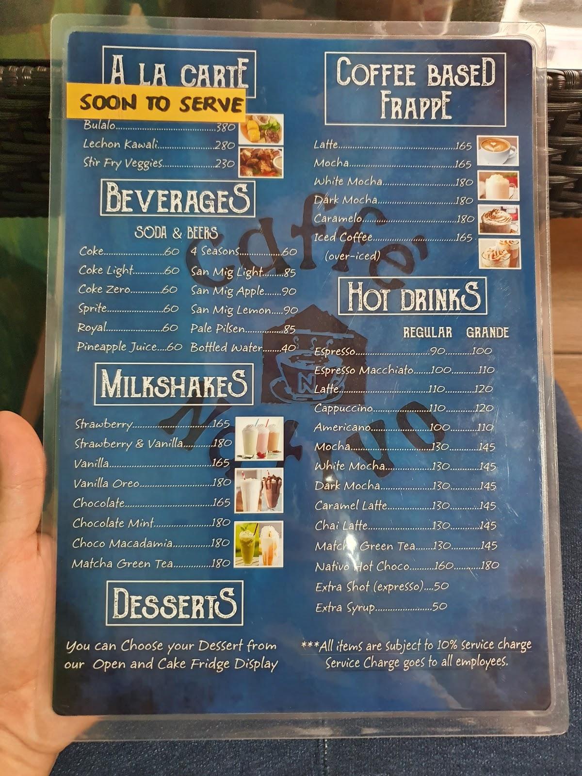 Menu at Caffe Nativo cafe, Tagaytay, 4X87+XMH