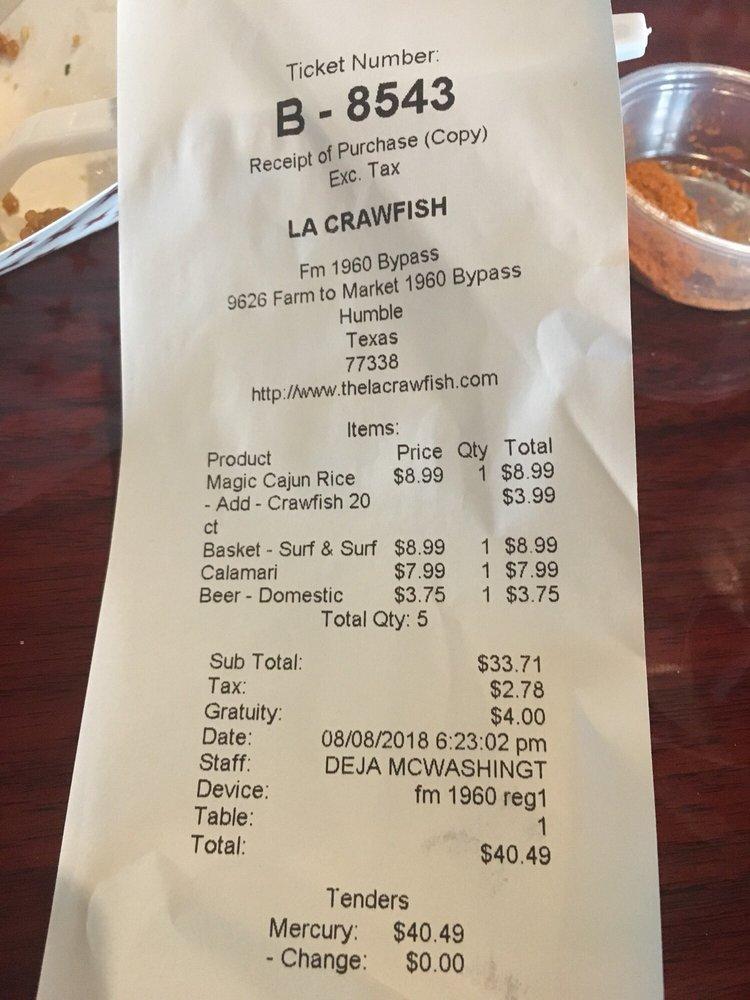 Menu at LA Crawfish restaurant, Humble
