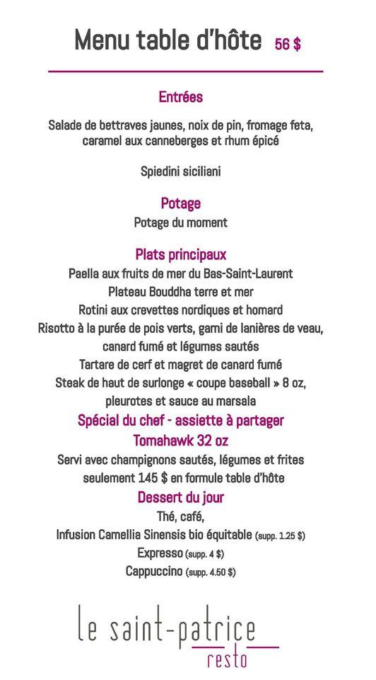 Carta de Restaurant Le Saint-Patrice, Rivière-du-Loup