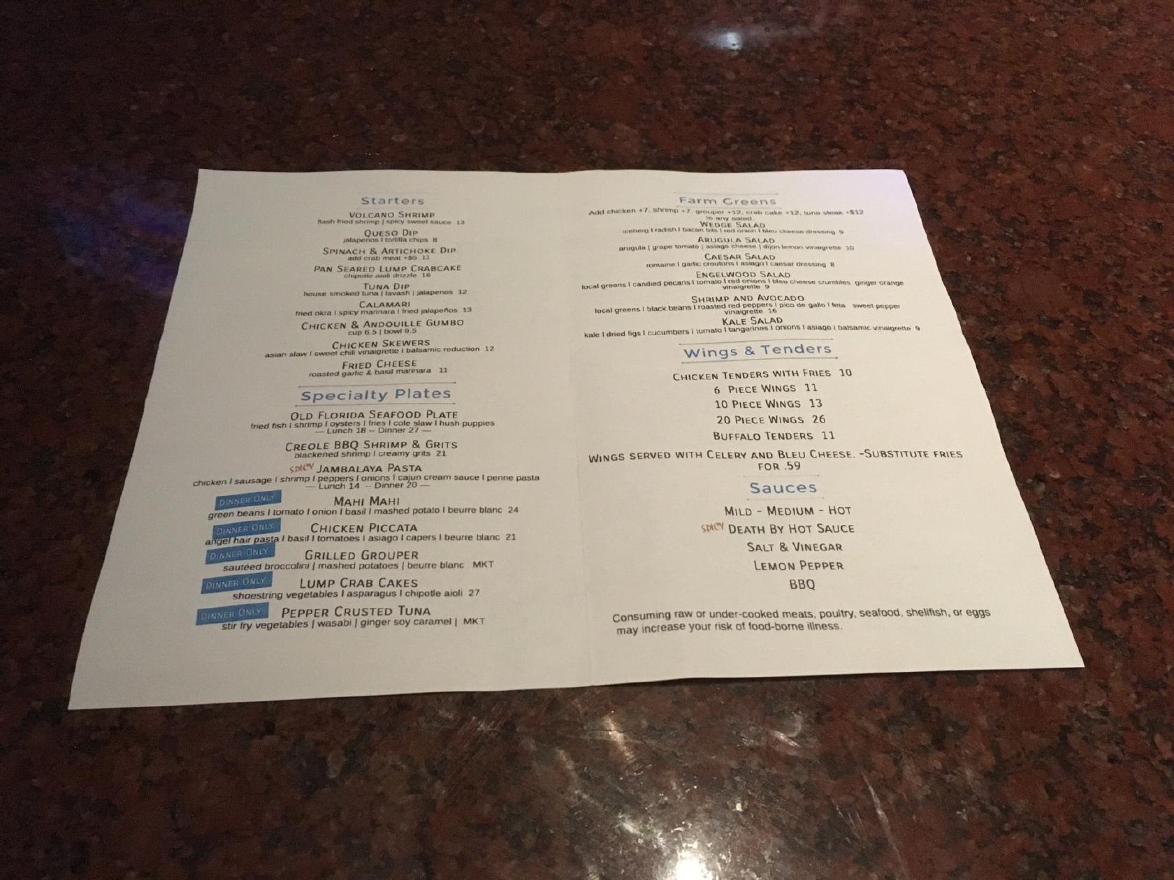 Menu at Shades Bar & Grill, Panama City Beach