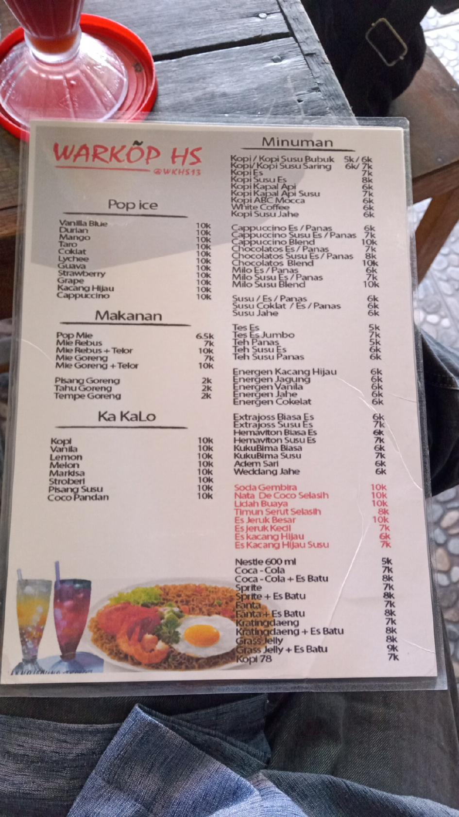 Menu at Warkop HS cafe, Raya River