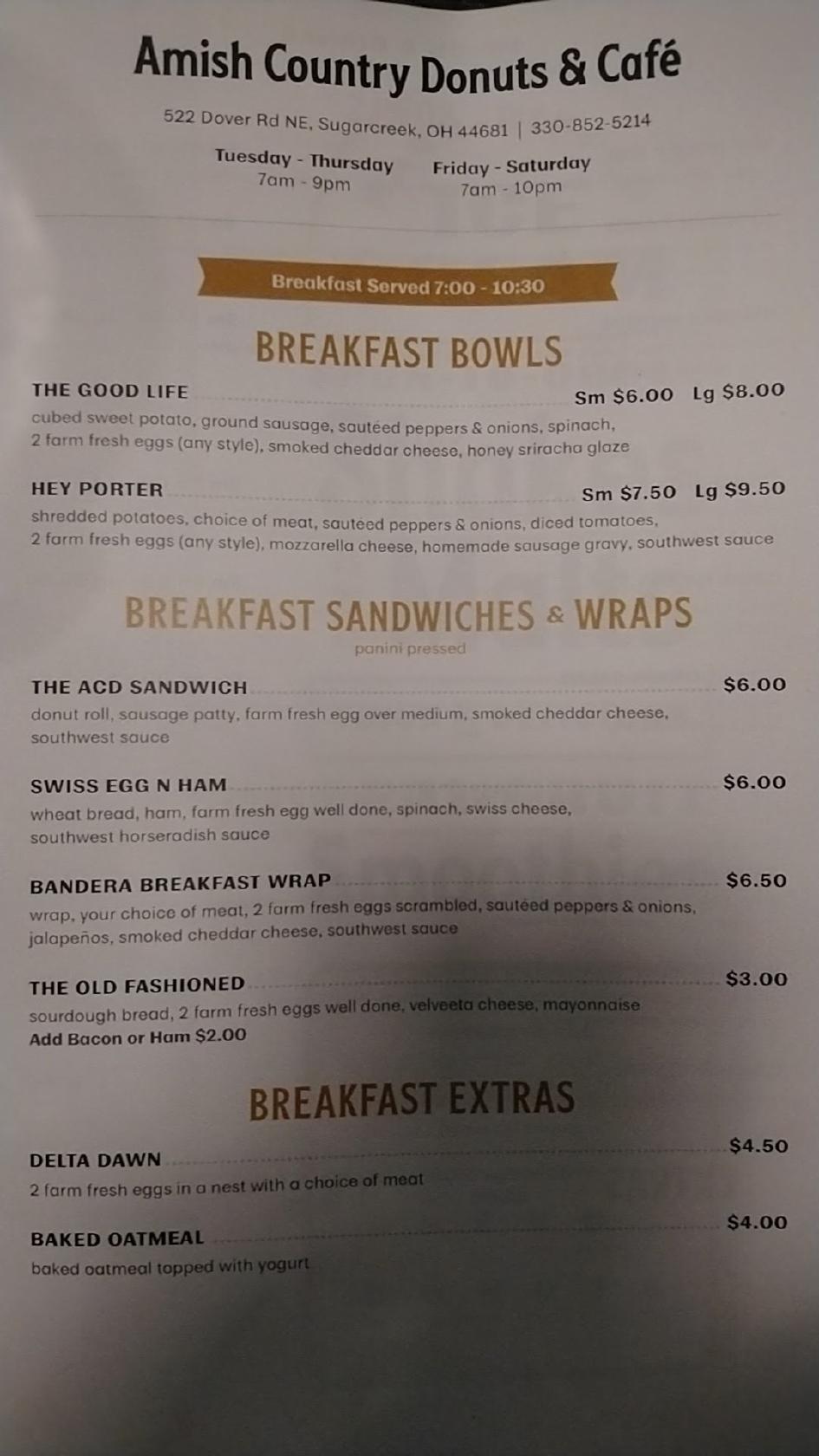 Menu at Amish Country Donuts & Cafe, Sugarcreek