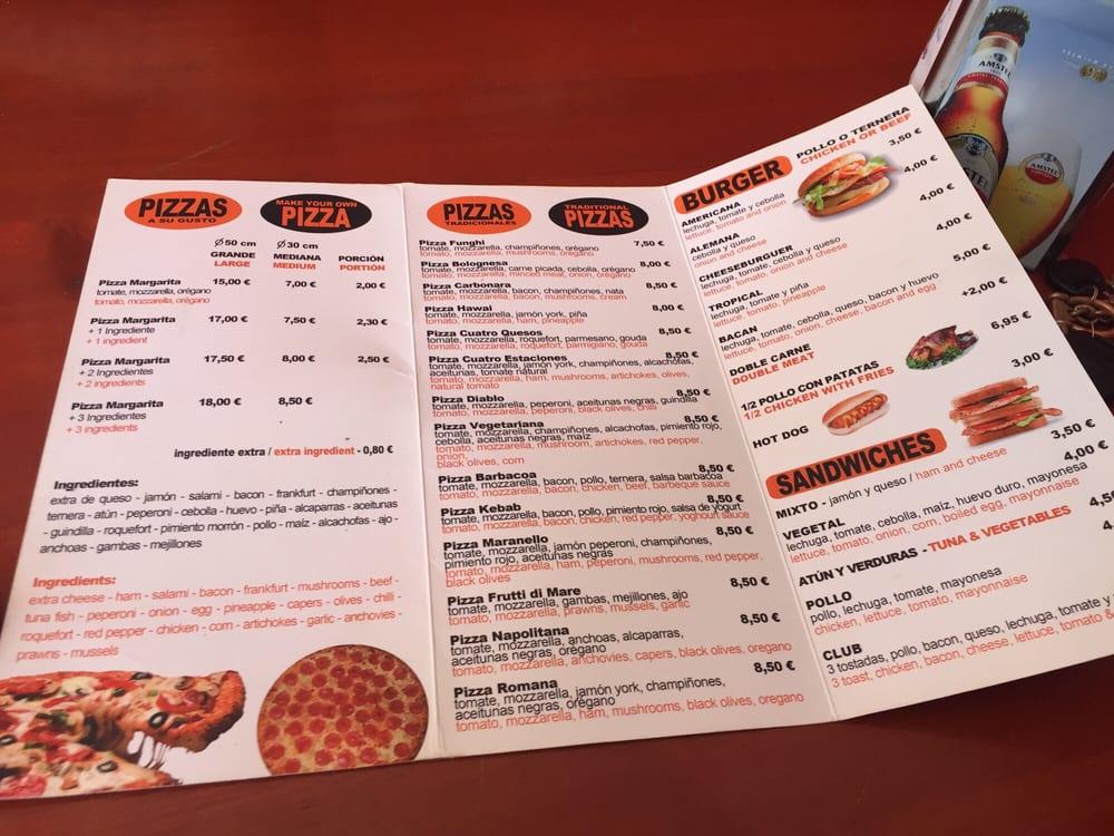 Menu at Bacan pizzeria, Platja de l'Arenal