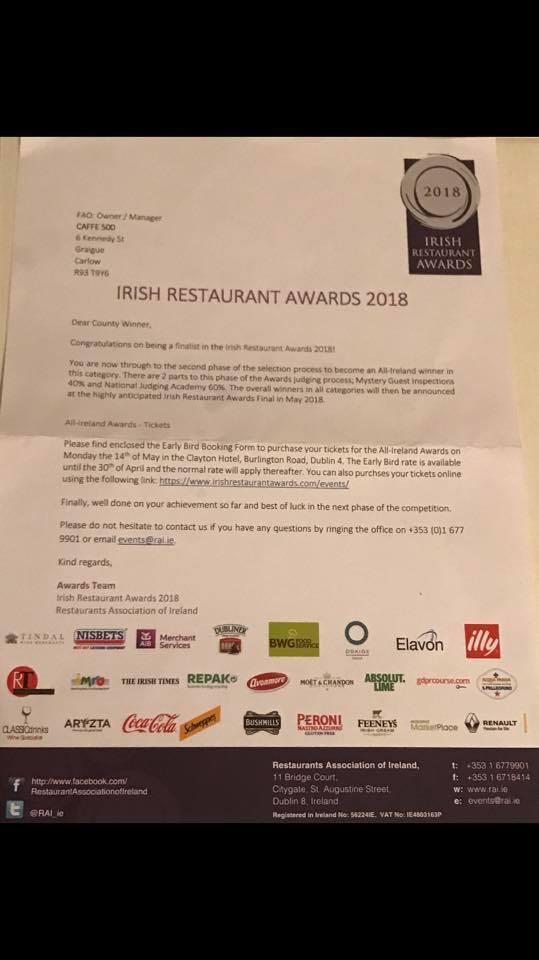 Menu at Caffé 500 restaurant, Carlow