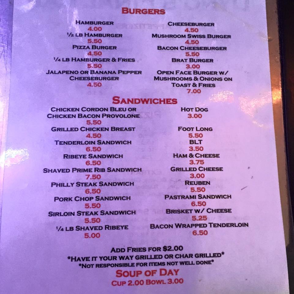 Menu at Dyno's Final Lap pub & bar, USA, Co Rd Y