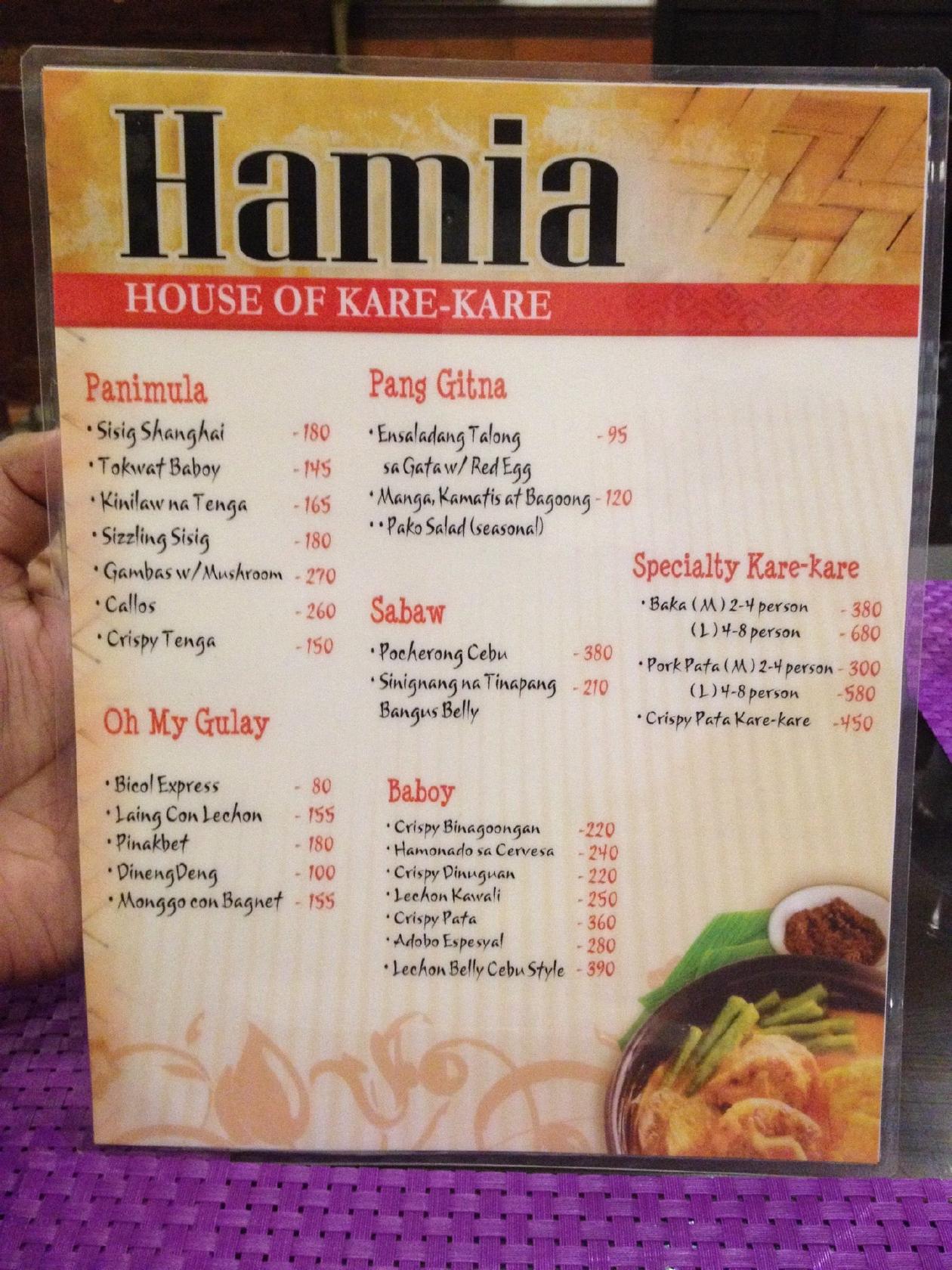 Menu at Hamia House Of Kare-kare restaurant, Quezon City, P2GX+C9M