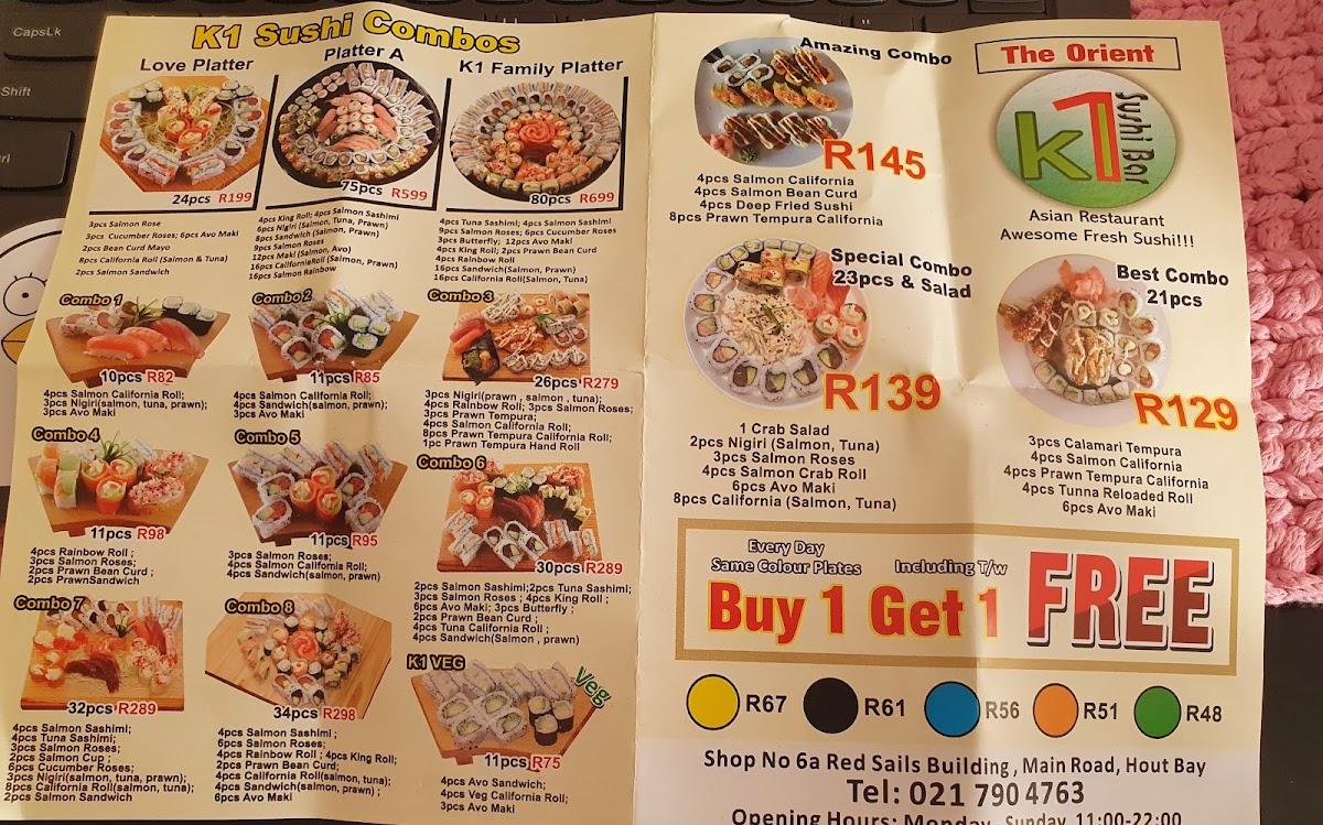 Menu at K1 Sushi restaurant, Cape Town, Red Sails