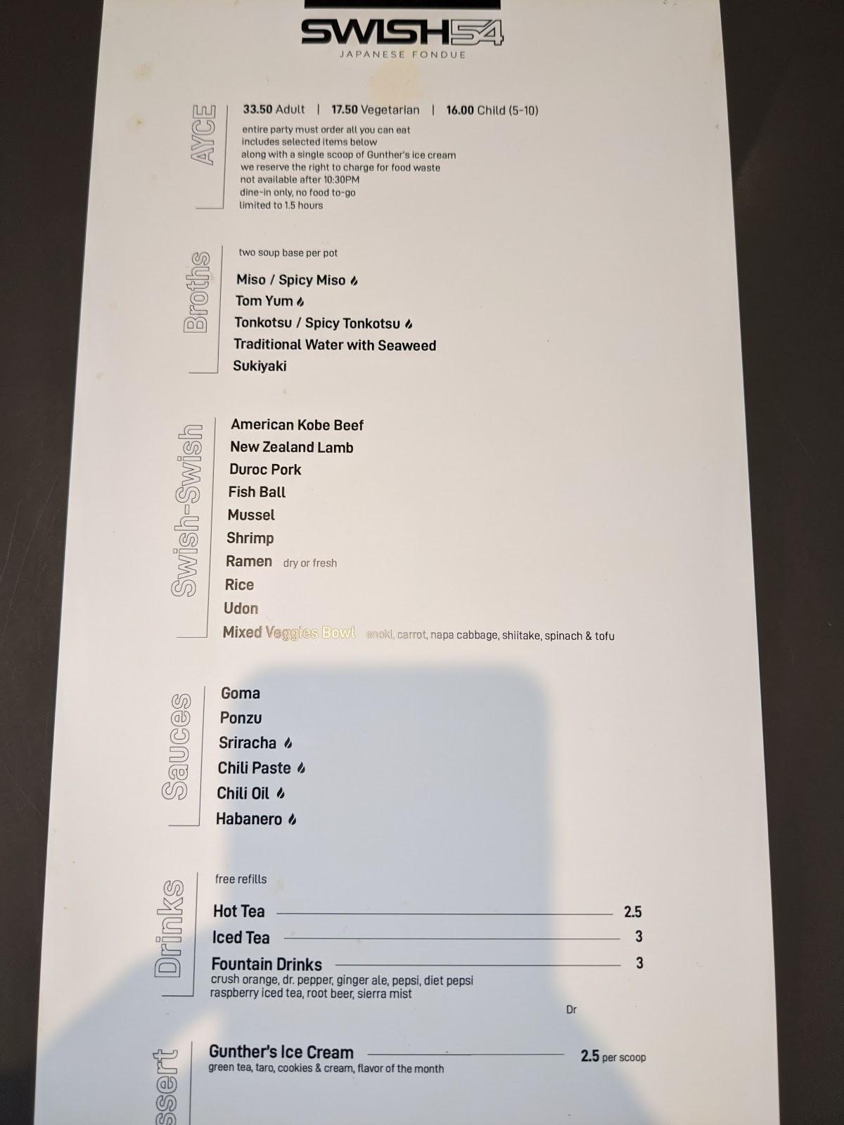 Menu at Swish 54 restaurant, Elk Grove