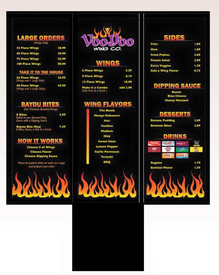Menu at VooDoo Wing Company restaurant, Auburn