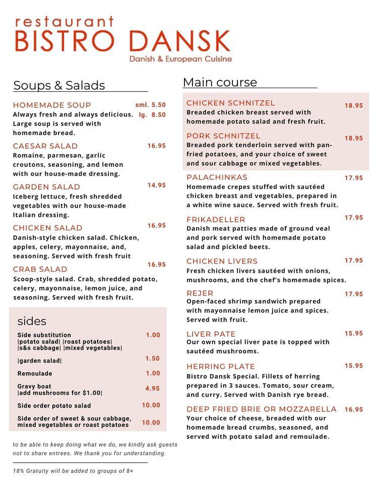 Menu at Bistro Dansk Restaurant Ltd, Winnipeg