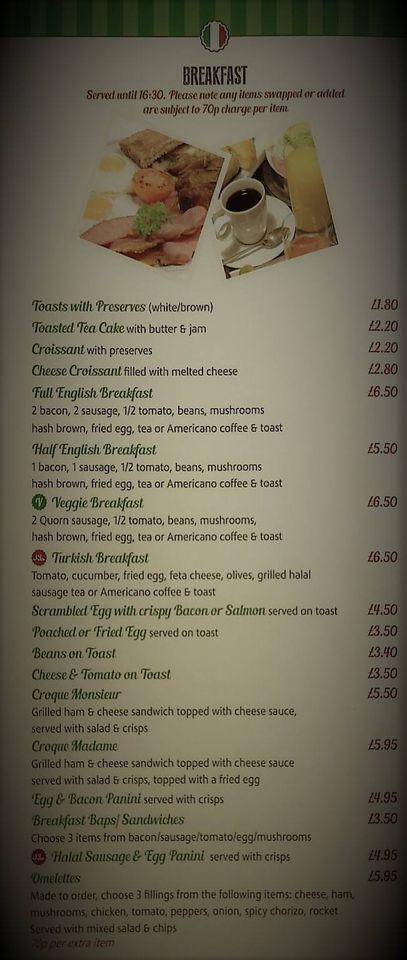Menu at Cafe Italia, Coventry