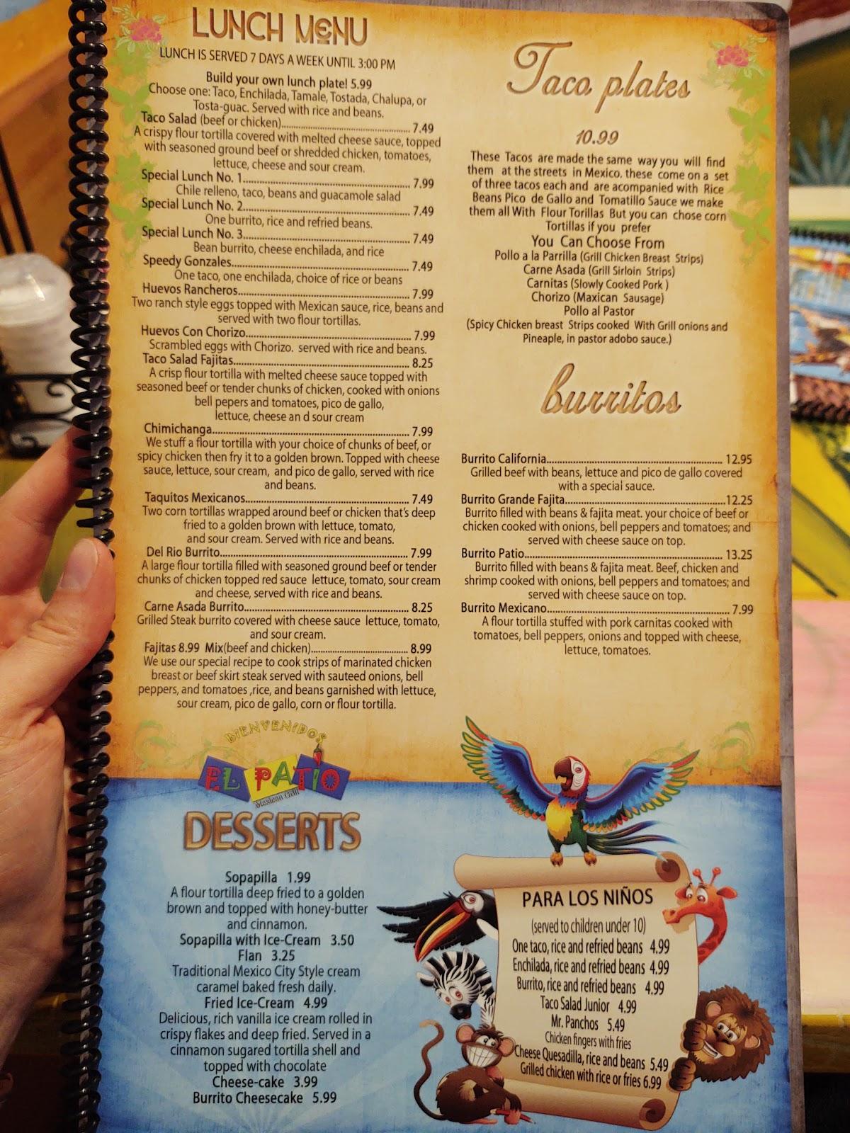 Menu at EL PATIO MEXICAN GRILL restaurant, Wytheville