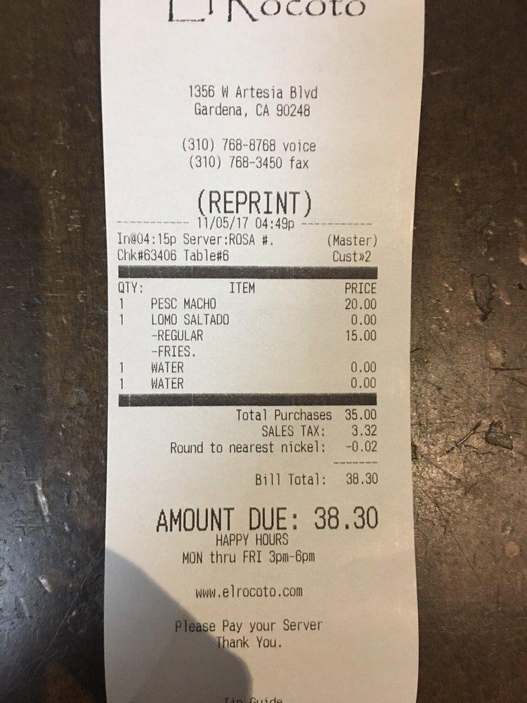 Menu at El Rocoto restaurant, Gardena, Artesia Blvd