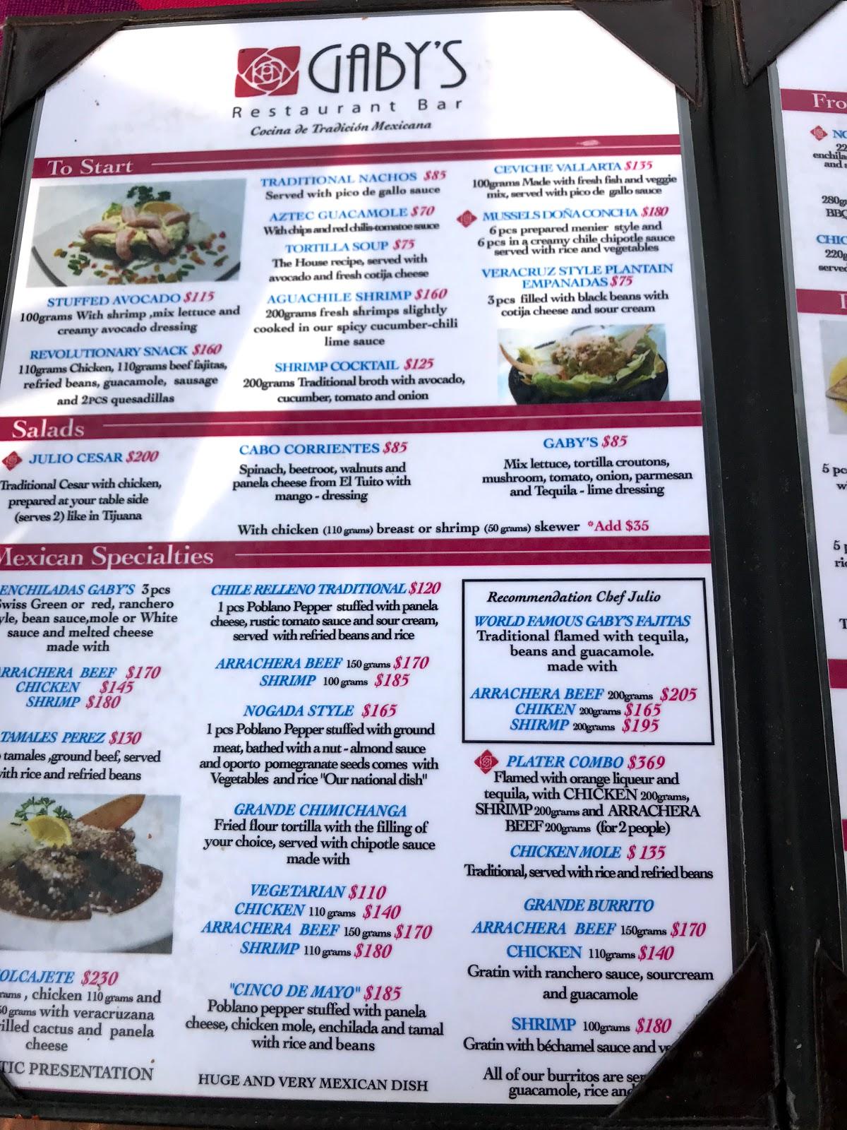 Menu at Gaby's Restaurant Bar, Puerto Vallarta, C. Mina 252