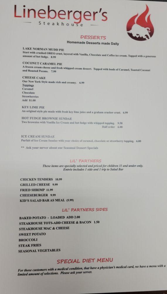 Menu at Lineberger's Cattle Company Steakhouse & Saloon, Sherrills Ford