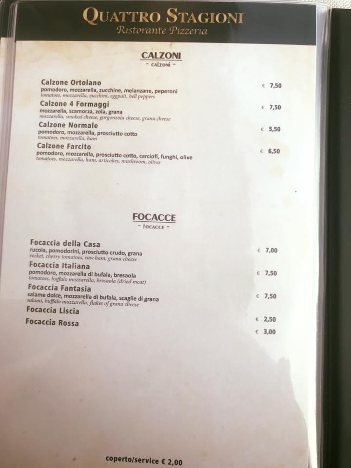 Menu at Quattro Stagioni restaurant, Varese