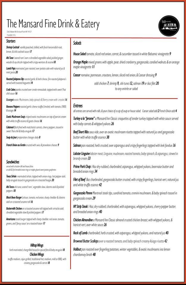 Menu at The Mansard restaurant, Orchard Park