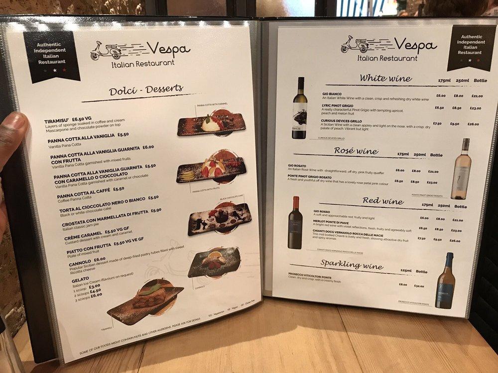 Menu at Vespa Italian Restaurant, London