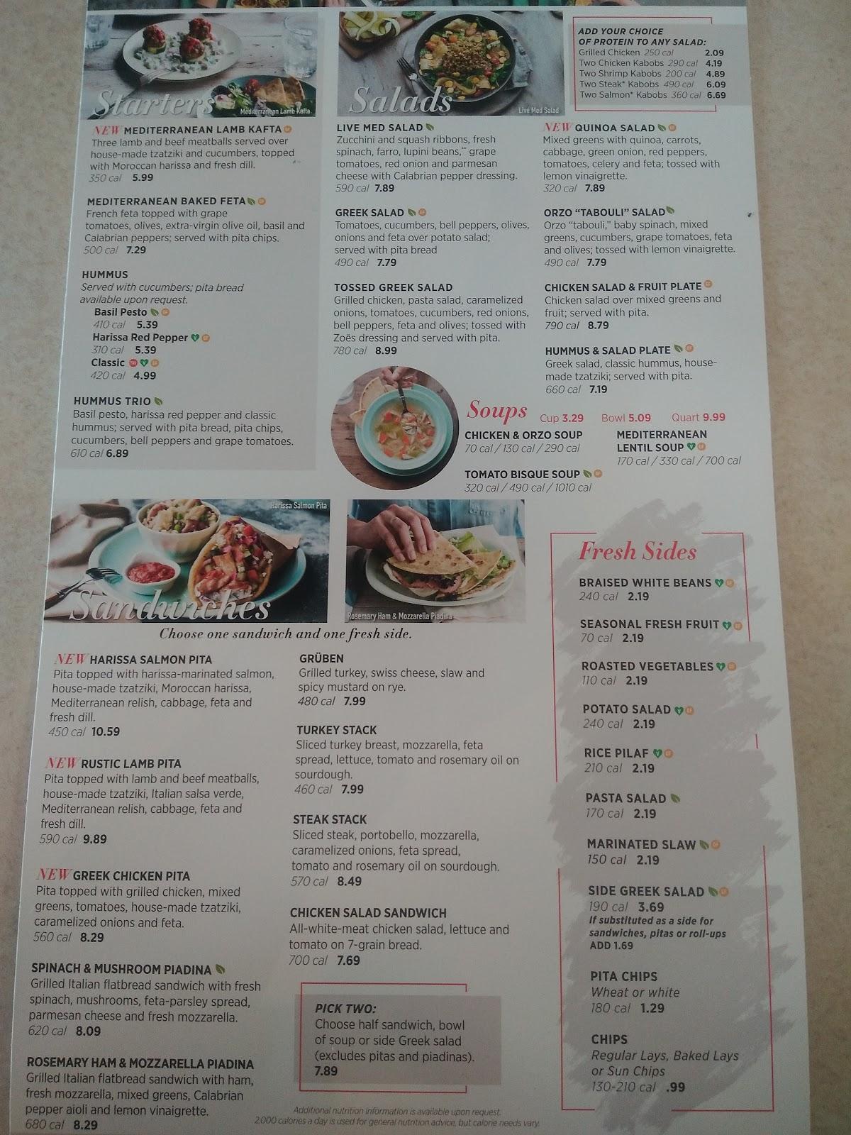Menu at Zoës Kitchen restaurant, Waco