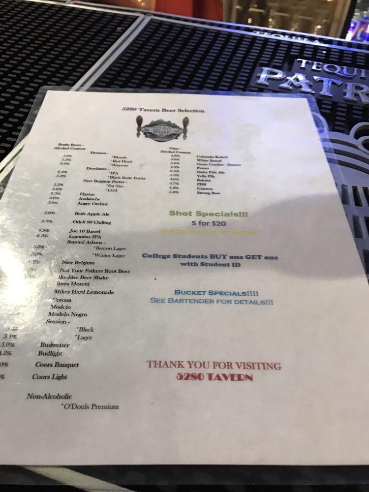 Carta del pub y bar 5280 Tavern, Denver
