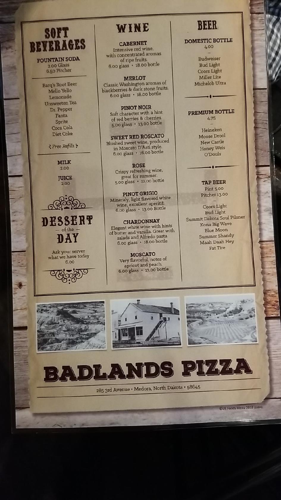 Carta de pizzería Badlands Pizza Parlor, Medora