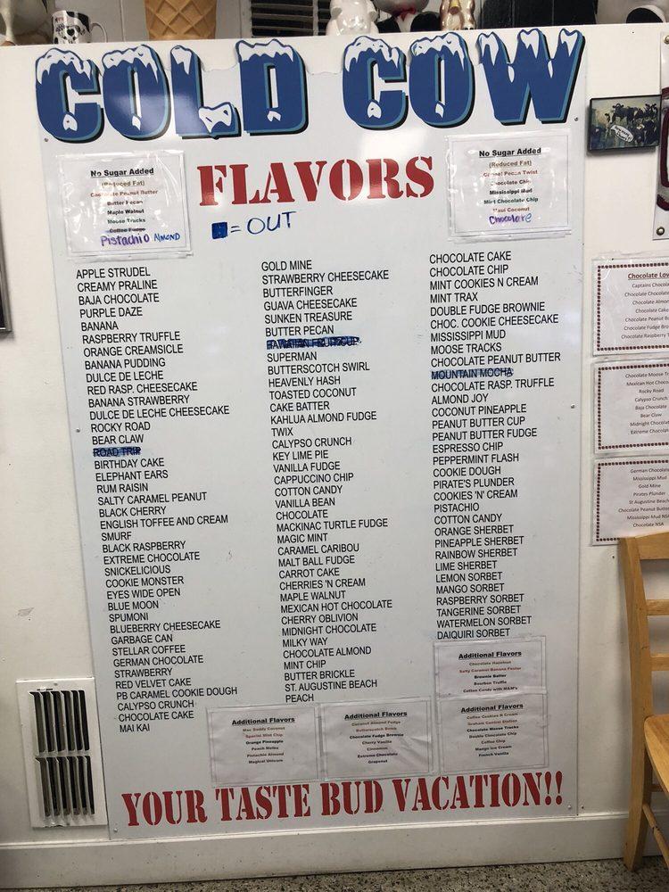 Menu at Cold Cow, St. Augustine, 938 Santa Maria Blvd