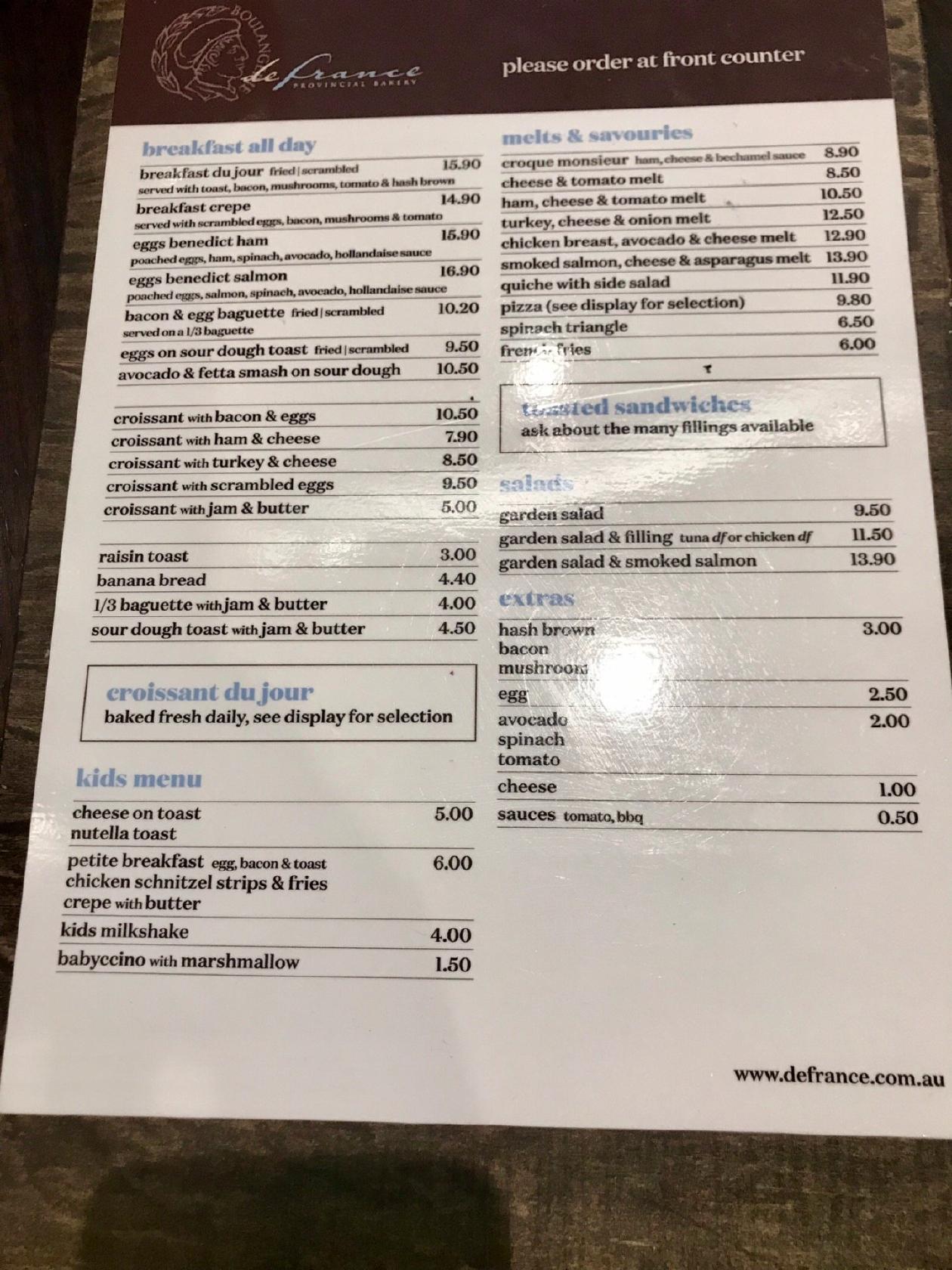 Menu at De France Provincial Bakery, Miranda
