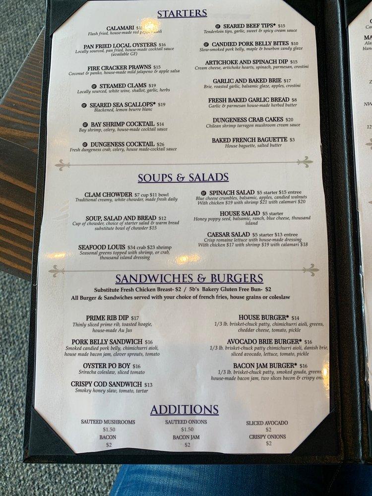 Carta de parrilla La Conner Seafood & Prime Rib House, La Conner