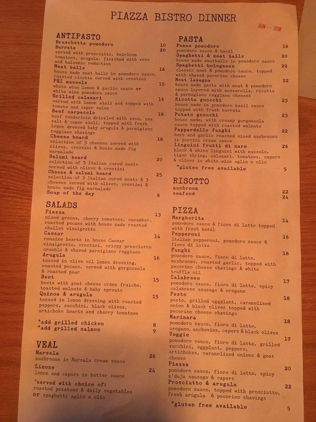 Menu at Piazza Bistro restaurant, Oakville, 94 George St
