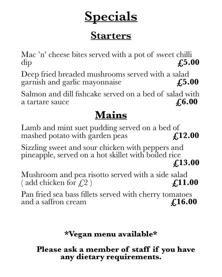 Menu at The Roebuck pub & bar, Draycott in the Clay
