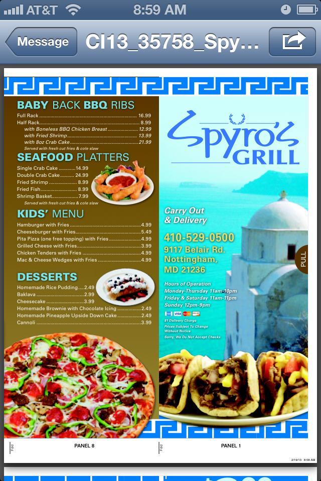 Menu at Spyro's Grill pizzeria, Overlea, Belair Rd