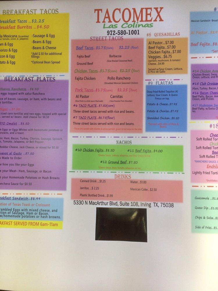 Menu at Tacomex Las Colinas restaurant, Irving