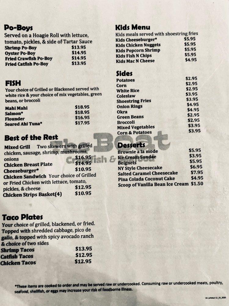 Menu at The Boat restaurant, Austin