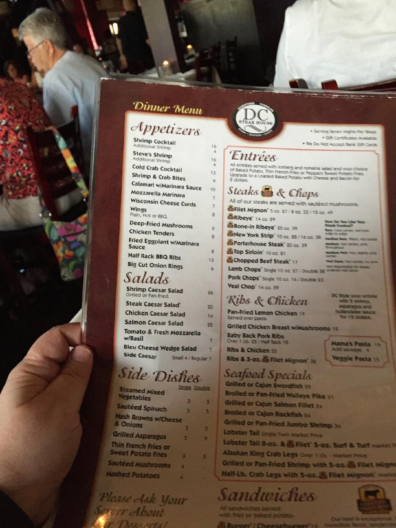 Carta del pub y bar DC Steak House, Chandler