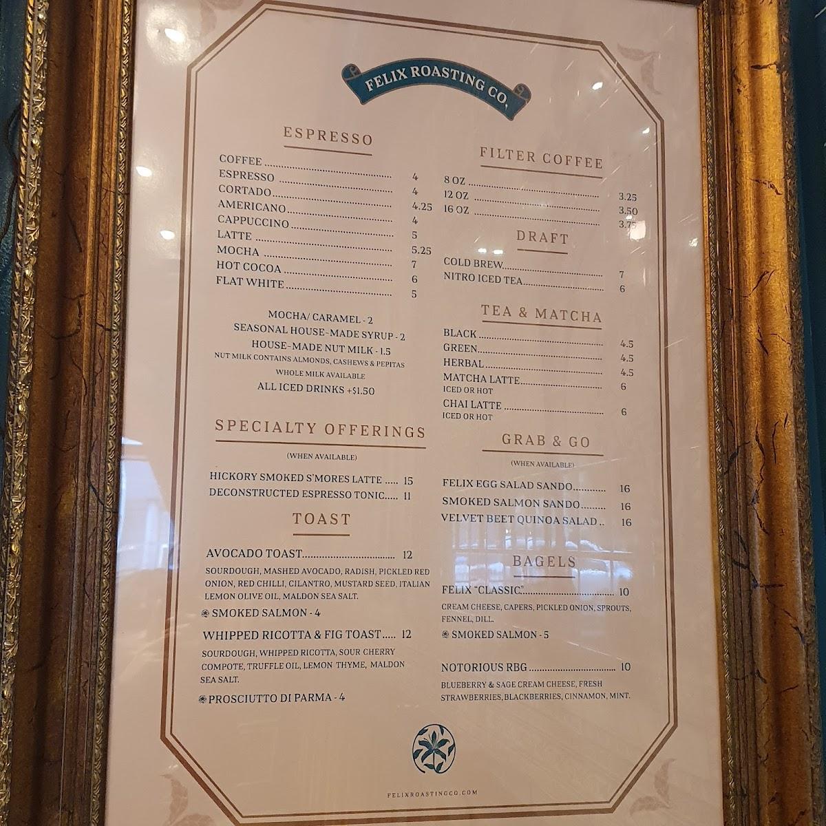 Menu at Felix Roasting Co. cafe, New York City, 450 Park Ave S
