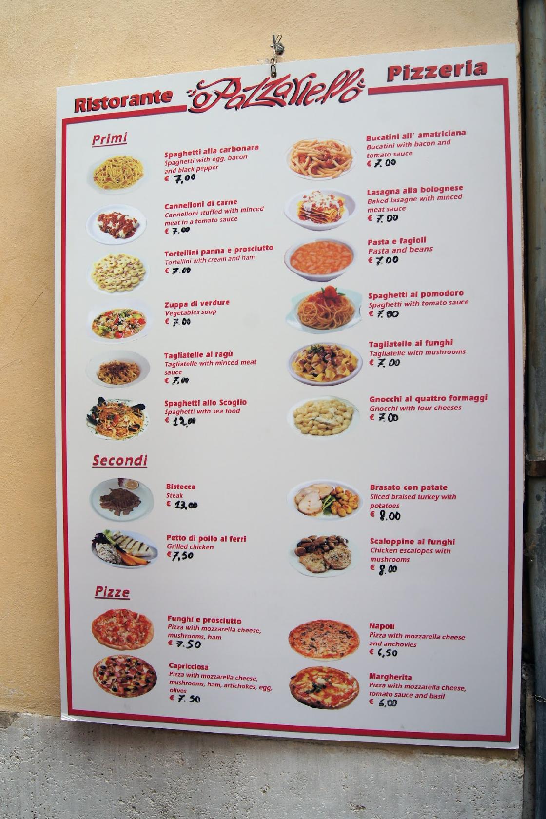Menu at O'Pazzariello pizzeria, Rome