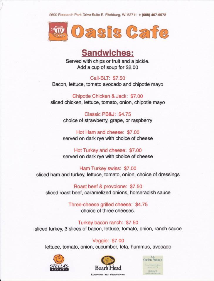 Menu at Oasis Café cafe, Fitchburg, Research Park Dr E